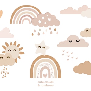 Clouds Clipart, Boho Sun Clouds and Rainbows, Weather Clipart, Raibows ...