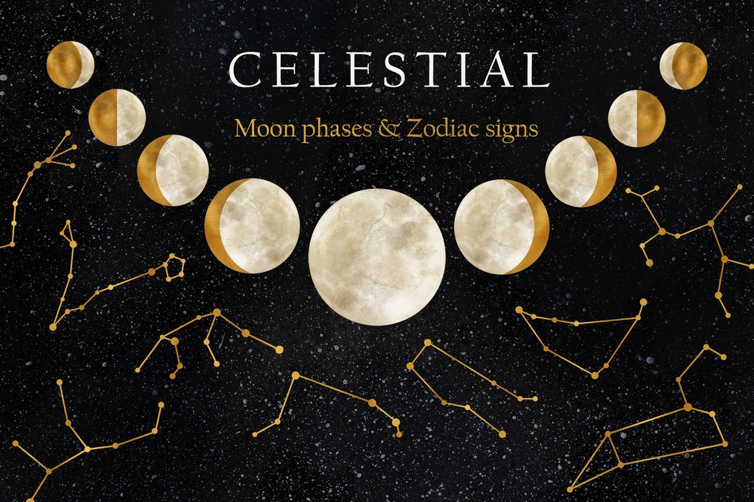 Moon Phases Clipart, Zodiac Signs Clipart, Watercolor Moon Clipart ...