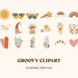 Groovy Clipart, Boho Hippie Clipart, Groovy Artwork for Stickers, 70s ...