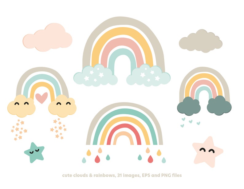 Clouds Clipart Boho Sun Clouds and Rainbows Weather Clipart - Etsy