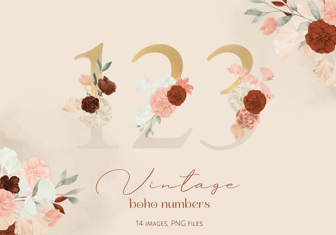 Floral Numbers Numbers Clipart Botanical Clipart Gold - Etsy