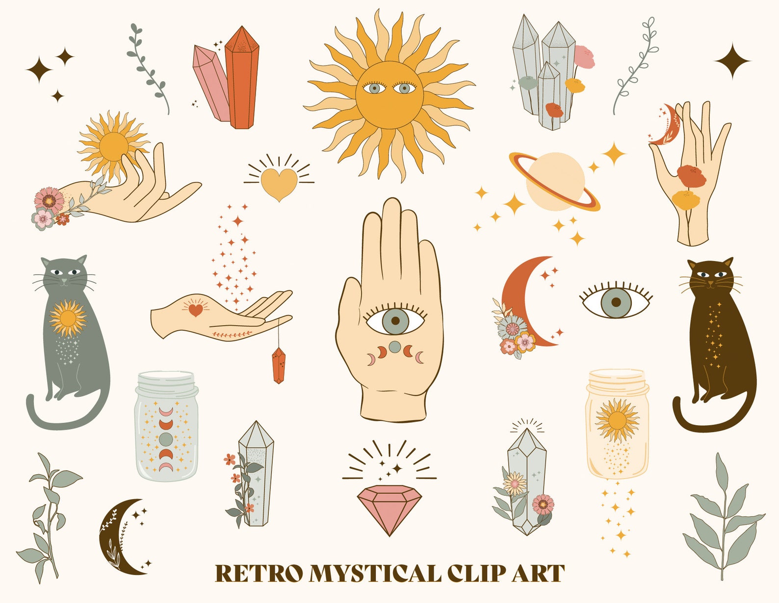 Retro Mystical Clipart, Groovy Elements Clipart, Mystical Crystal Gems ...