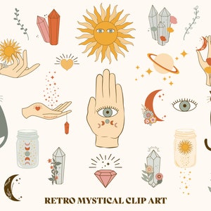 Retro Mystical Clipart, Groovy Elements Clipart, Mystical Crystal Gems ...