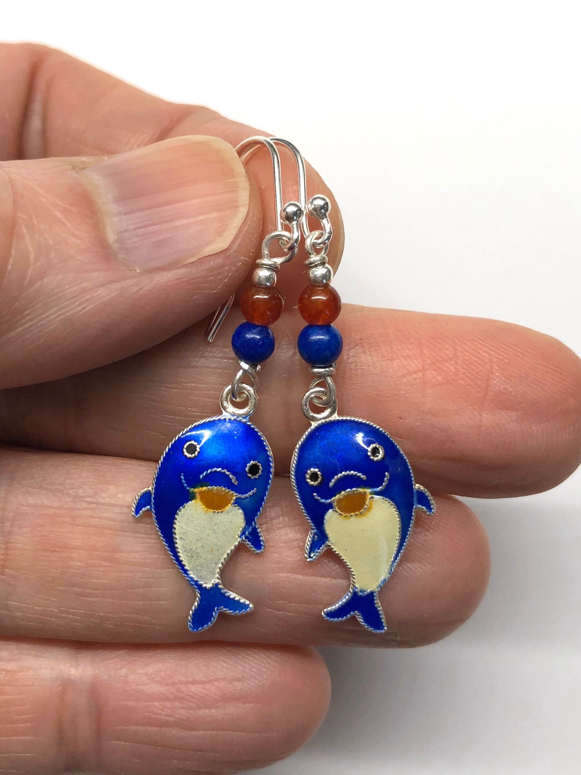 Enamel Earrings Silver Enamel Dolphin Earrings Blue Dolphin | Etsy