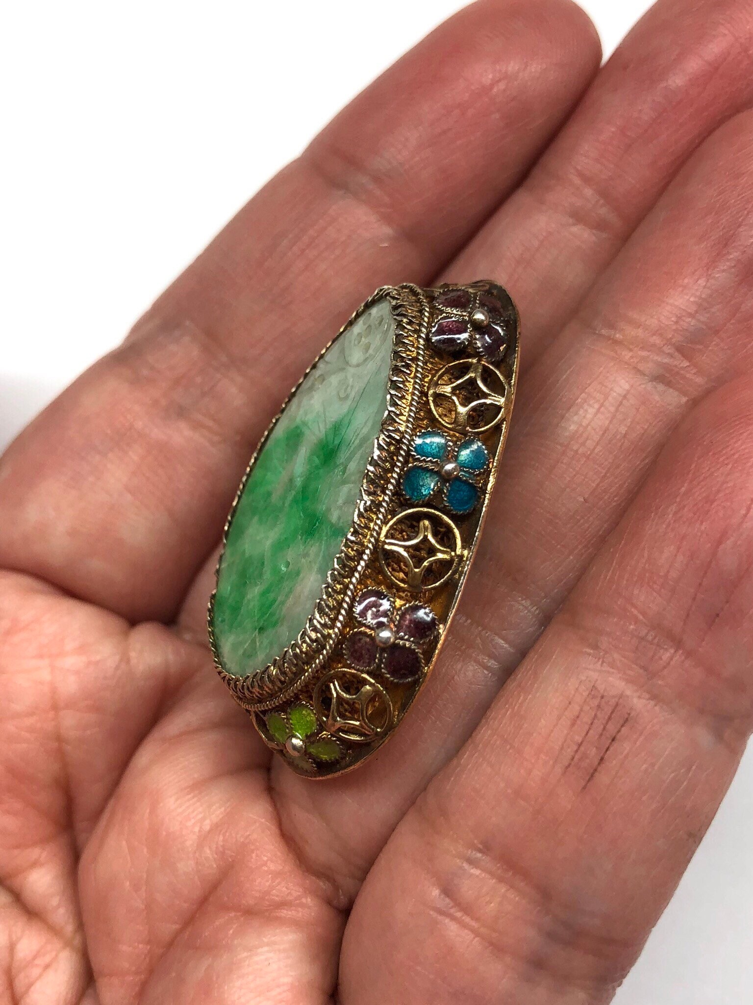 Antique Jade Brooch, Carved Jade Gilt Silver Enamel Filigree Brooch ...