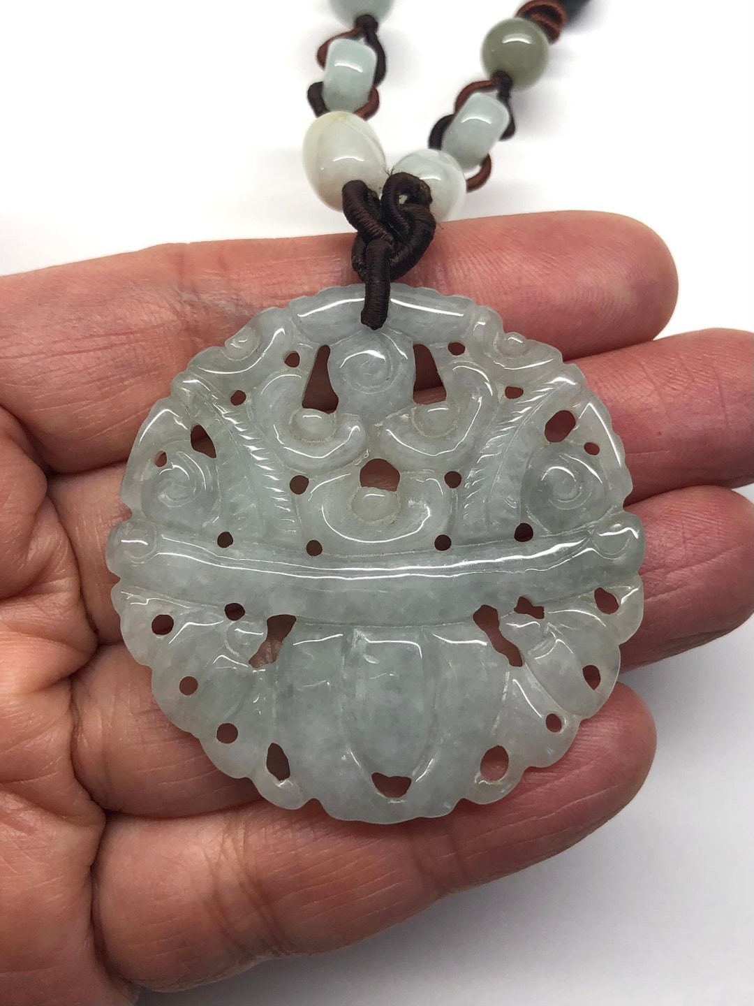 Jade Necklace, Carved Jade Pendant Necklace, Double Sided Carved Floral ...