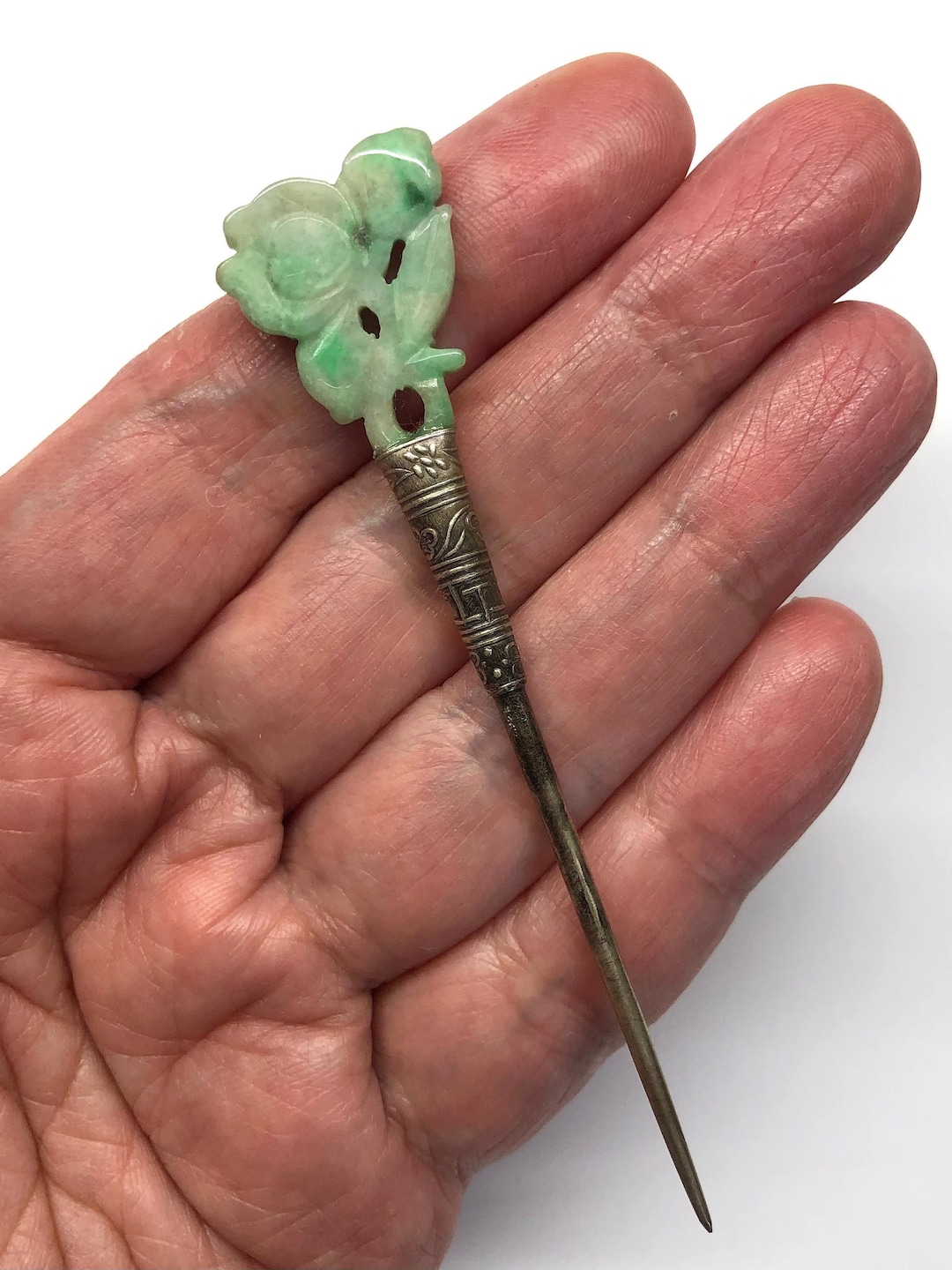 Antique Carved Jade Hair Pin, Antique Silver Hair Pin, Chinese Hair Pin, Antique Jewellery, Qing ...
