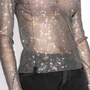 Crystal Embellished Fishnet Long Sleeved Top in Black - Etsy