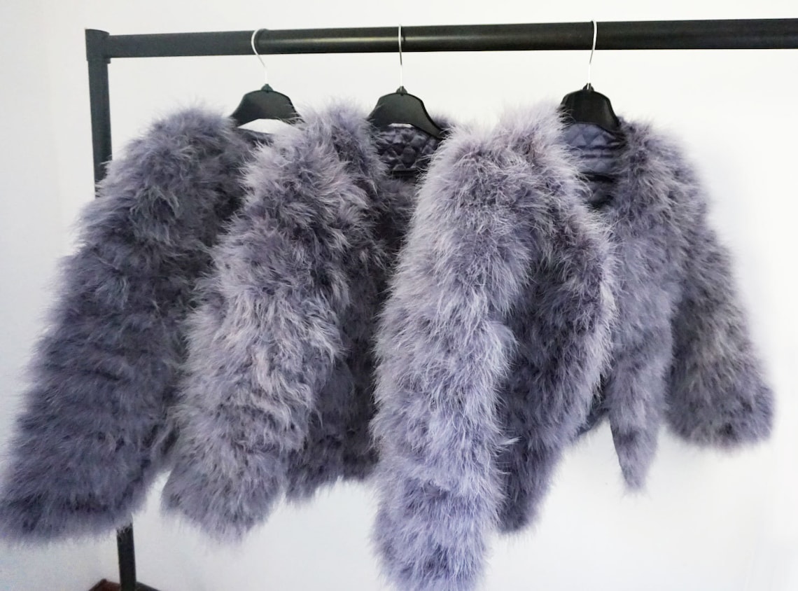 Grey Fluffy Feather Jacket Marabou Winter Womens Clothing - Etsy