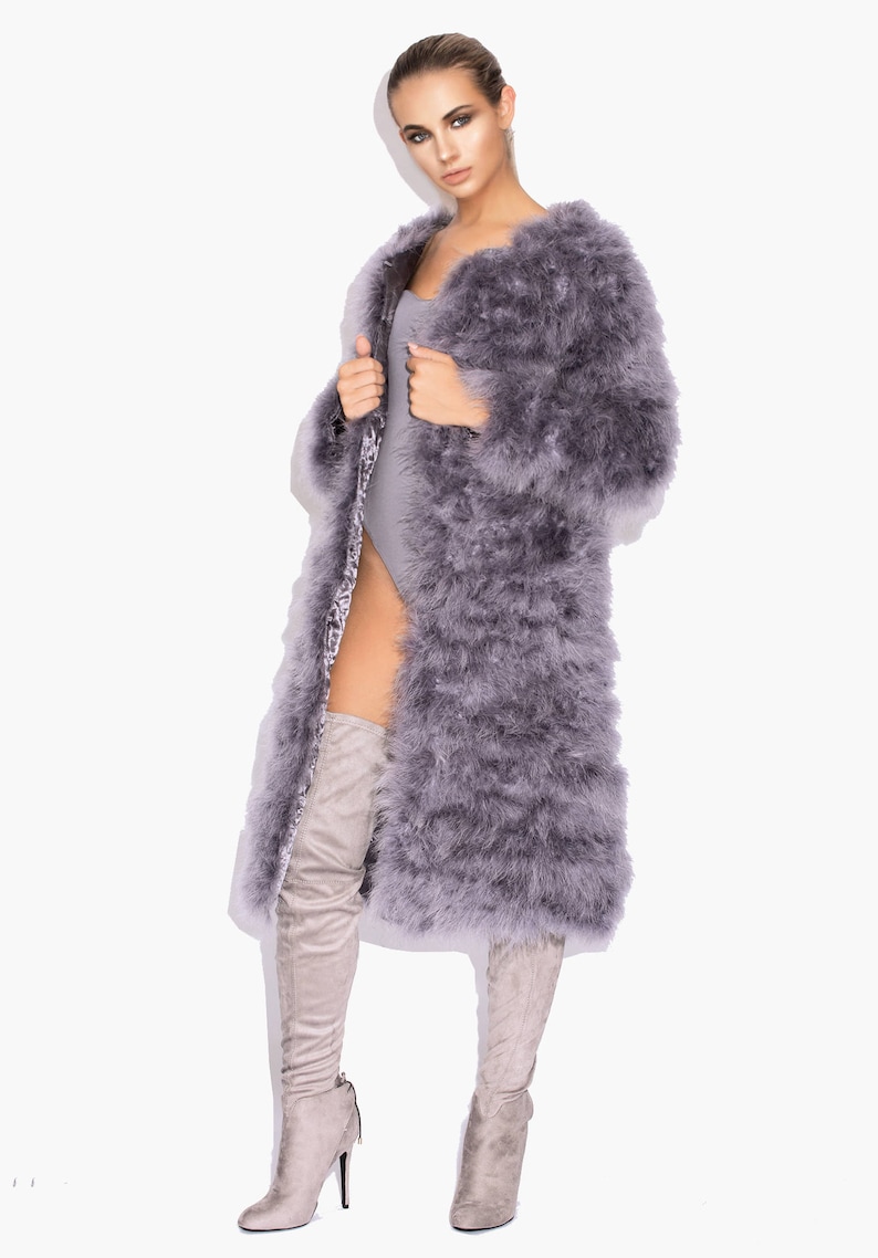 Long Grey Fluffy Feather Jacket Marabou Winter Womens Clothing ...