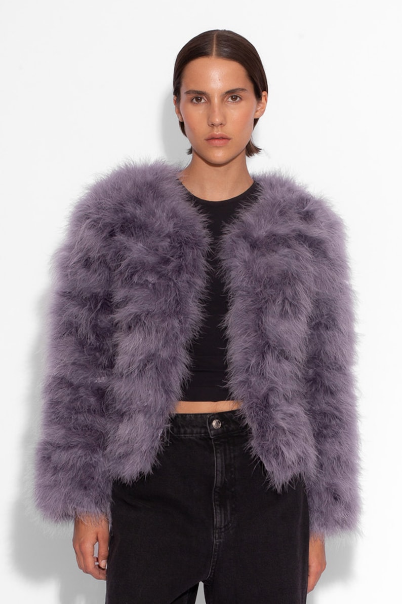 Grey Fluffy Feather Jacket Marabou Winter Womens Clothing Outerwear ...
