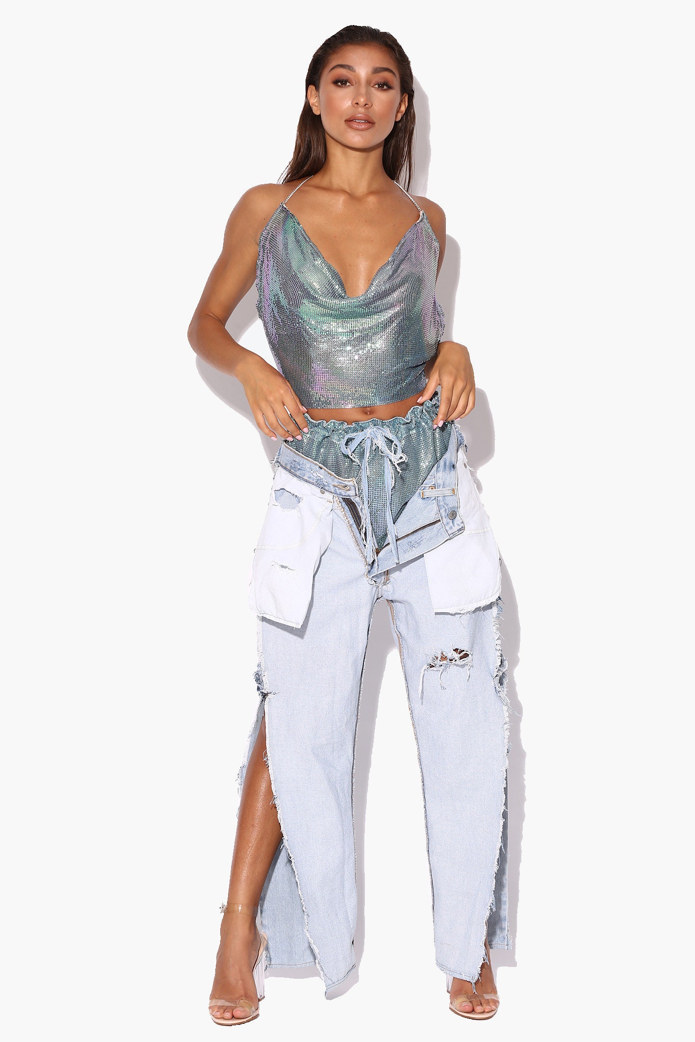 Blue Iridescent Mermaid Metal Chain Tops Crop Women Festival - Etsy