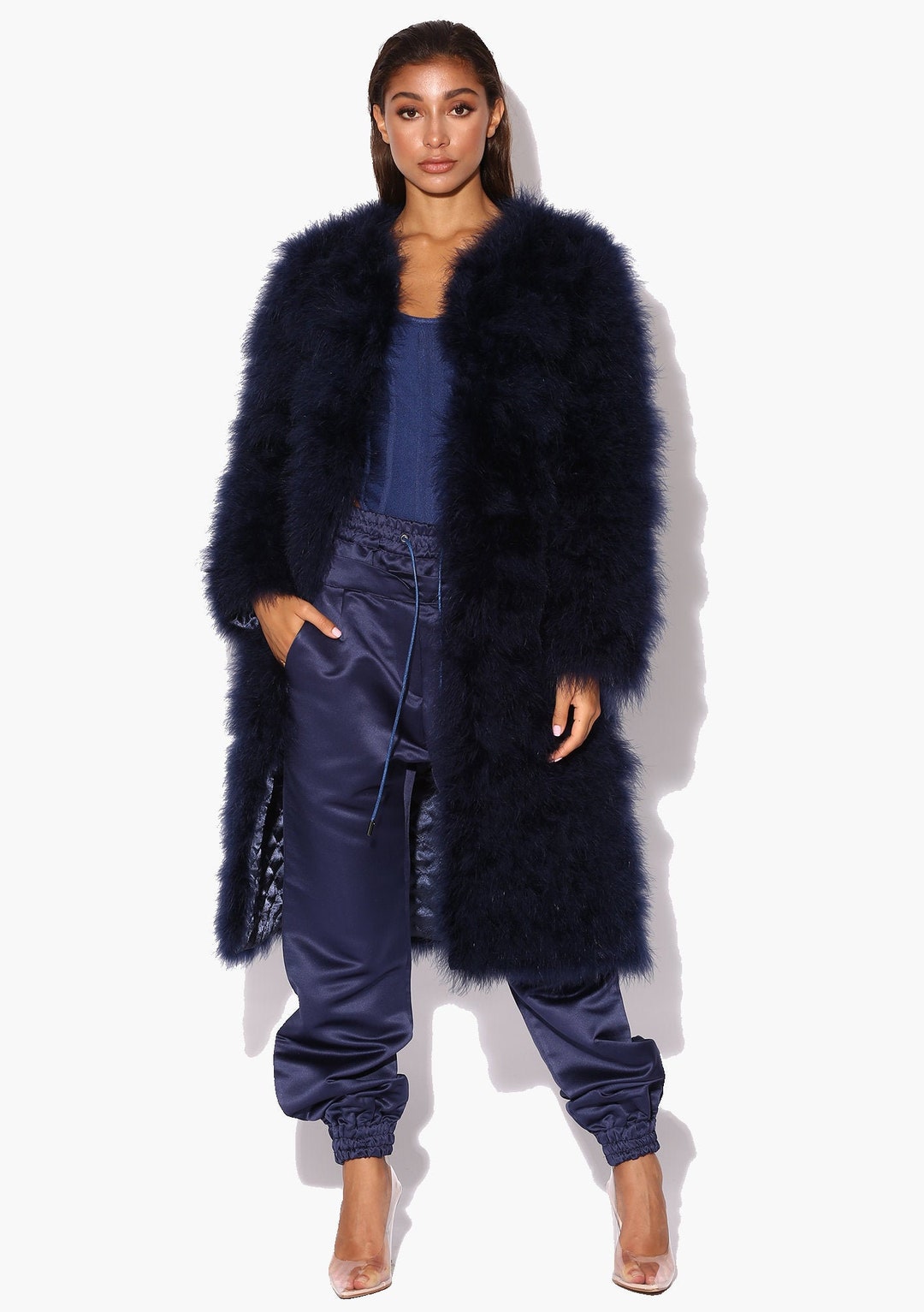 Long Navy Fluffy Feather Jacket Marabou Winter Womens Clothing ...