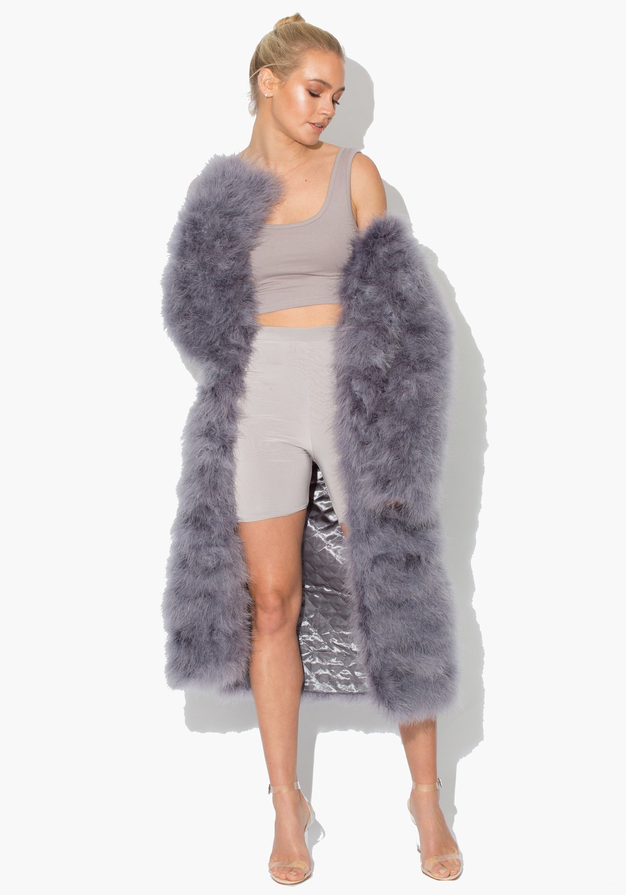 Long Grey Fluffy Feather Jacket Marabou Winter Womens Clothing ...