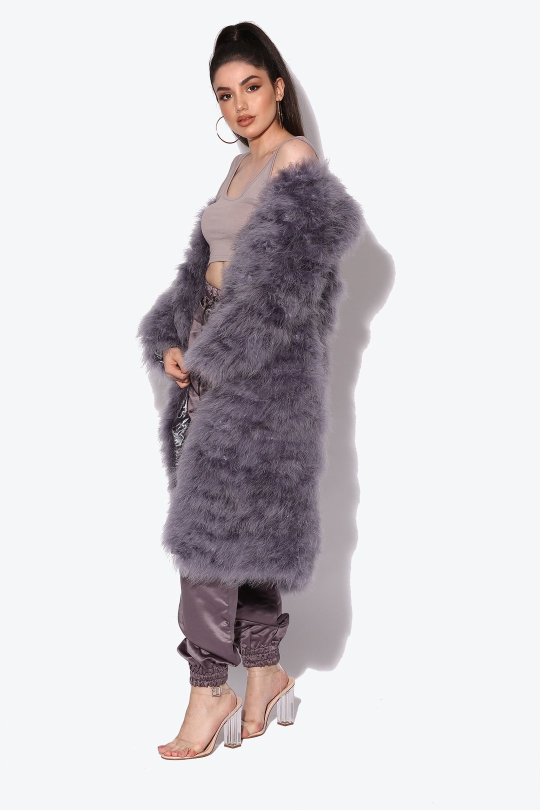 Long Grey Fluffy Feather Jacket Marabou Winter Womens Clothing ...