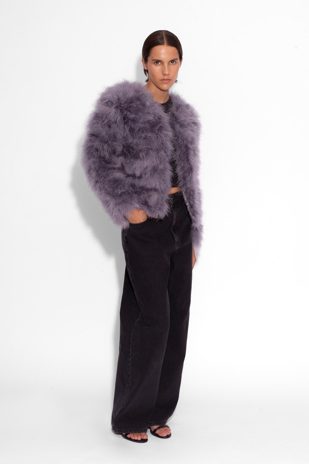 Grey Fluffy Feather Jacket Marabou Winter Womens Clothing Outerwear ...