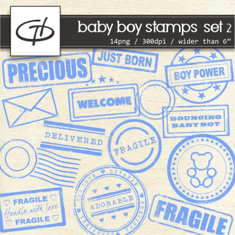 Boy Baby Shower Digital Stamps Set 2: High Quality Distressed Stamps ...