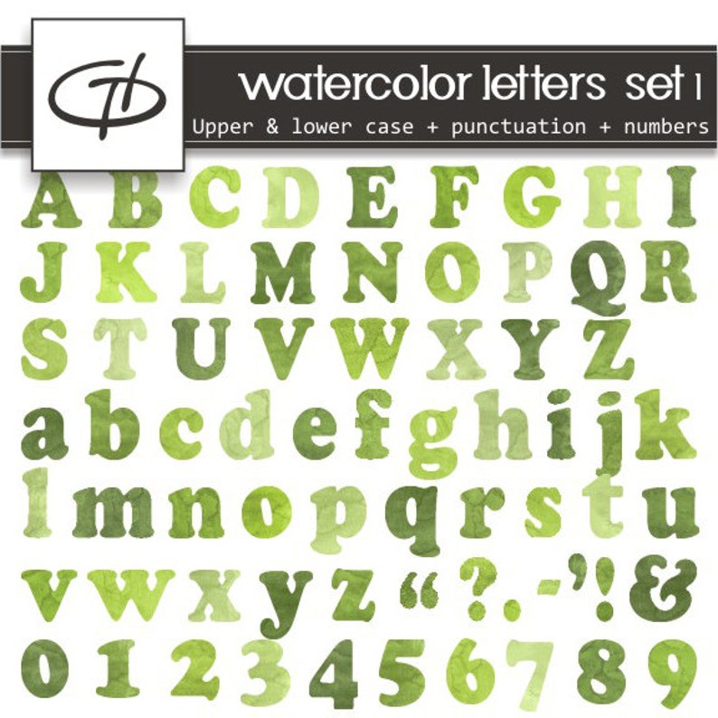 Spring Green Watercolor Alphabet Set: Digital High Quality Capital and ...