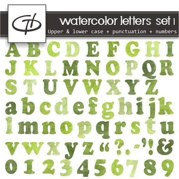 Spring Green Watercolor Alphabet Set: Digital High Quality Capital and ...