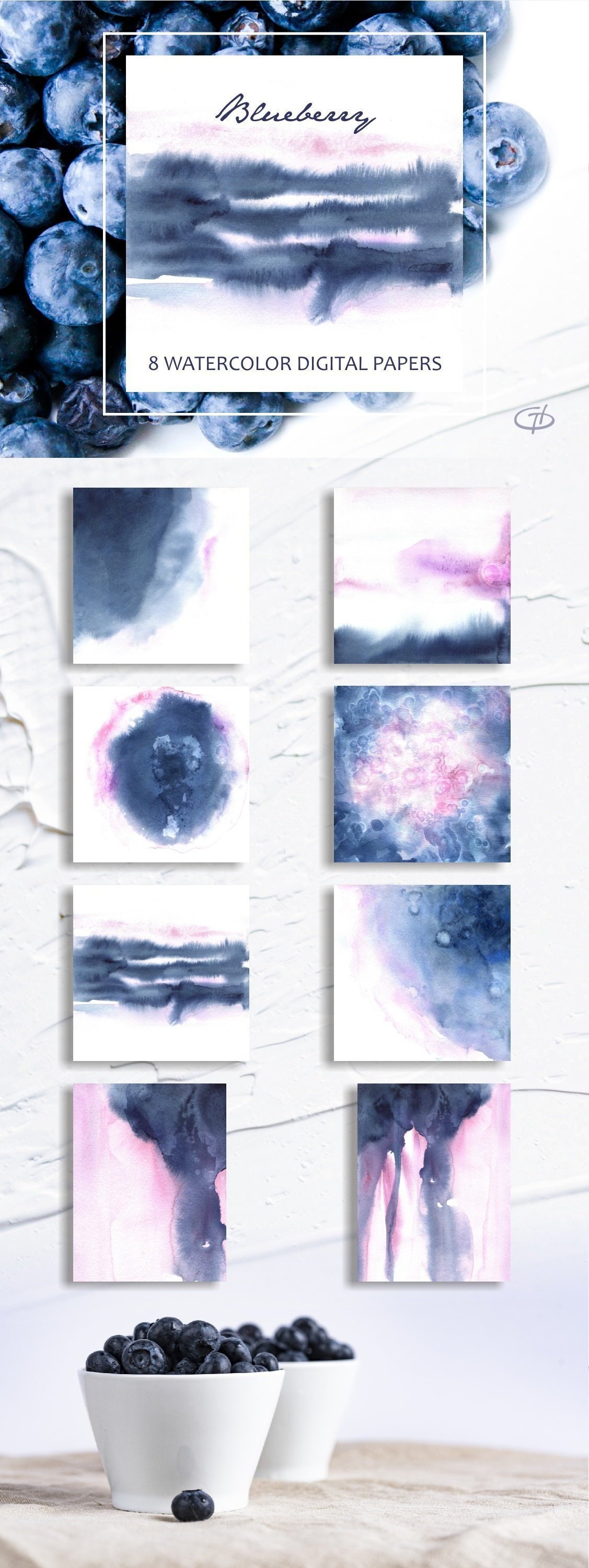 Watercolor Digital Paper, 8 Blueberry Color Papers / Blue Watercolor ...