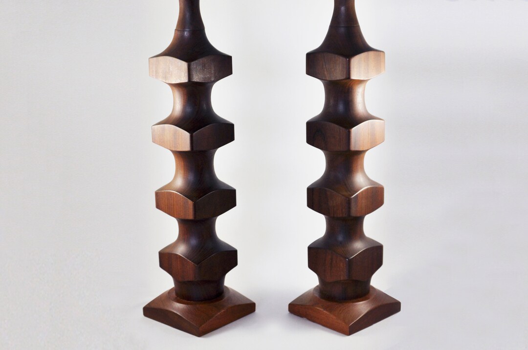Gallerymichel Tall Pair of Hand Turned Mid Century Modern Walnut Lamps ...