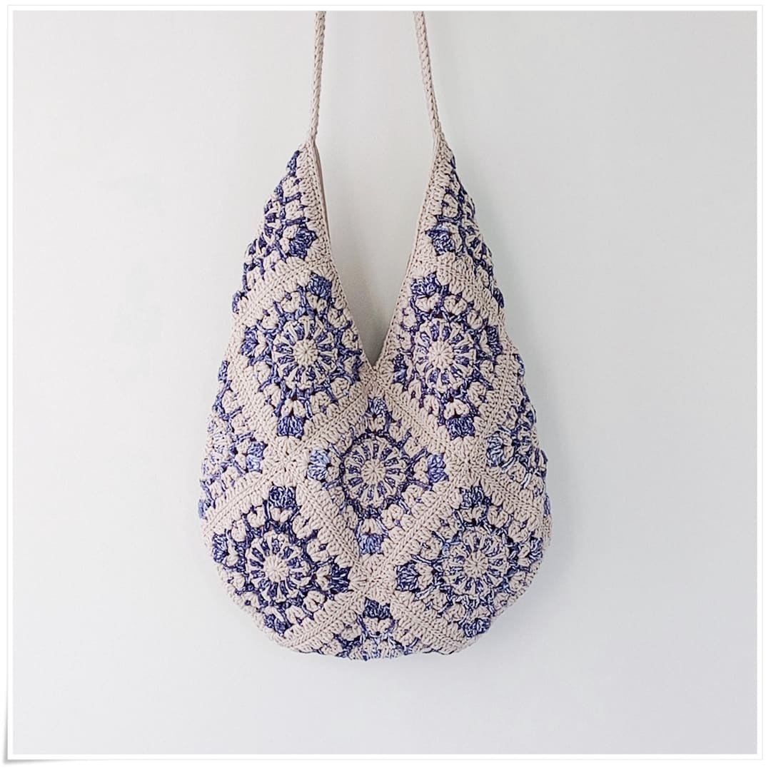 Crochet Granny Square Hobo Bag, Beige Slouchy Shoulder Bag, Large ...