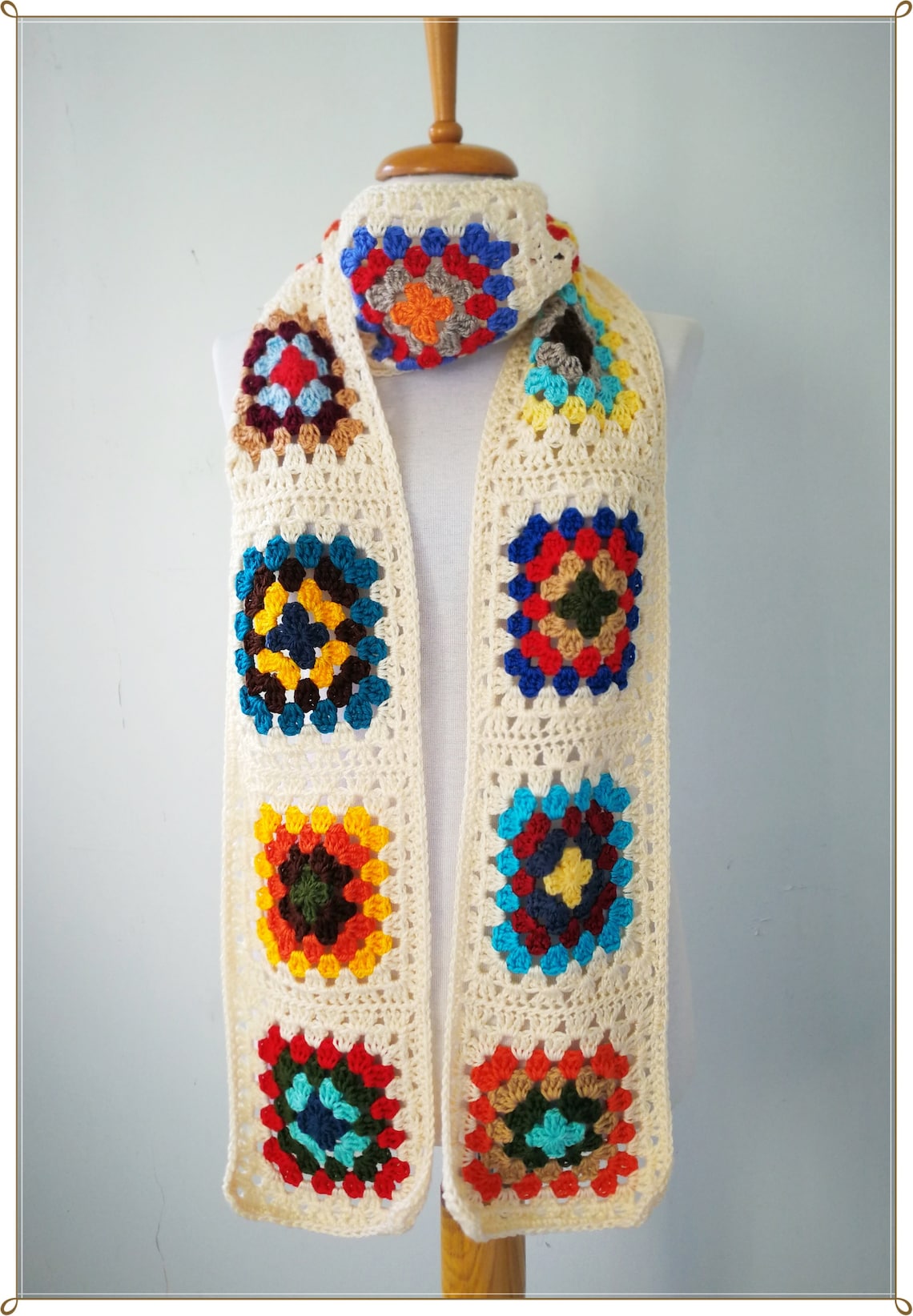 Scarf Crochet Scarf Retro Scarf Long Scarf Granny Square | Etsy