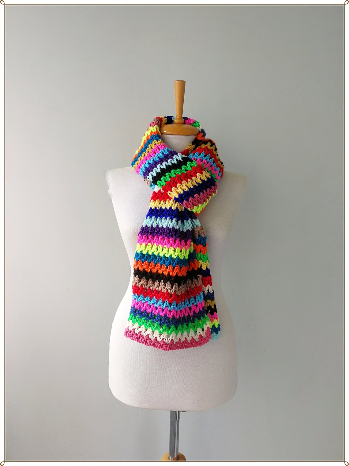Crochet Rainbow Scarf Granny Stripe Scarf Neon Colors Scarf - Etsy