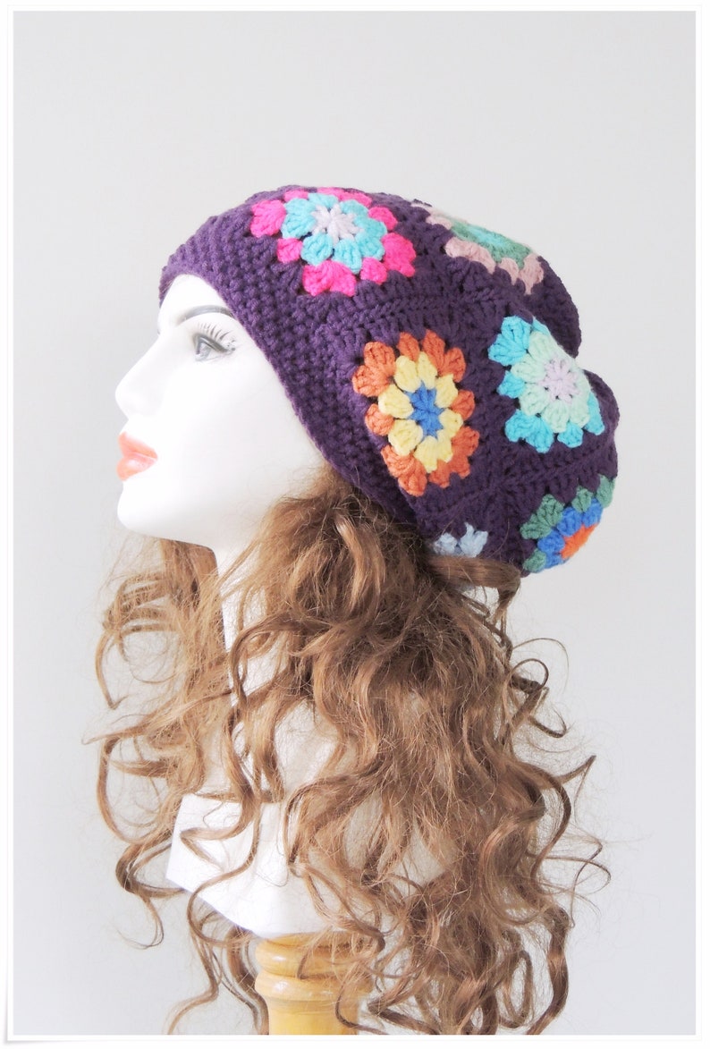 Slouchy Beanie, Granny Square Crochet Hat, Crochet Beanie, Wool Beanie ...