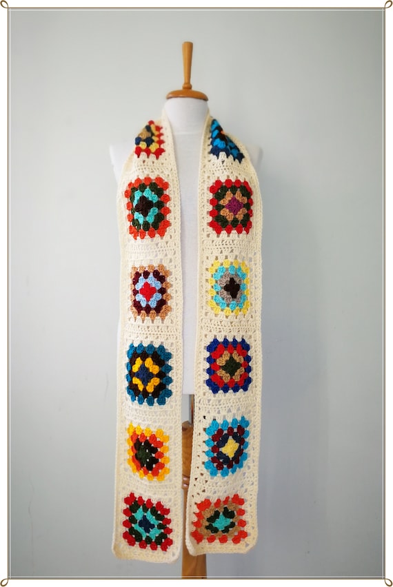 Scarf Crochet Scarf Retro Scarf Long Scarf Granny Square | Etsy