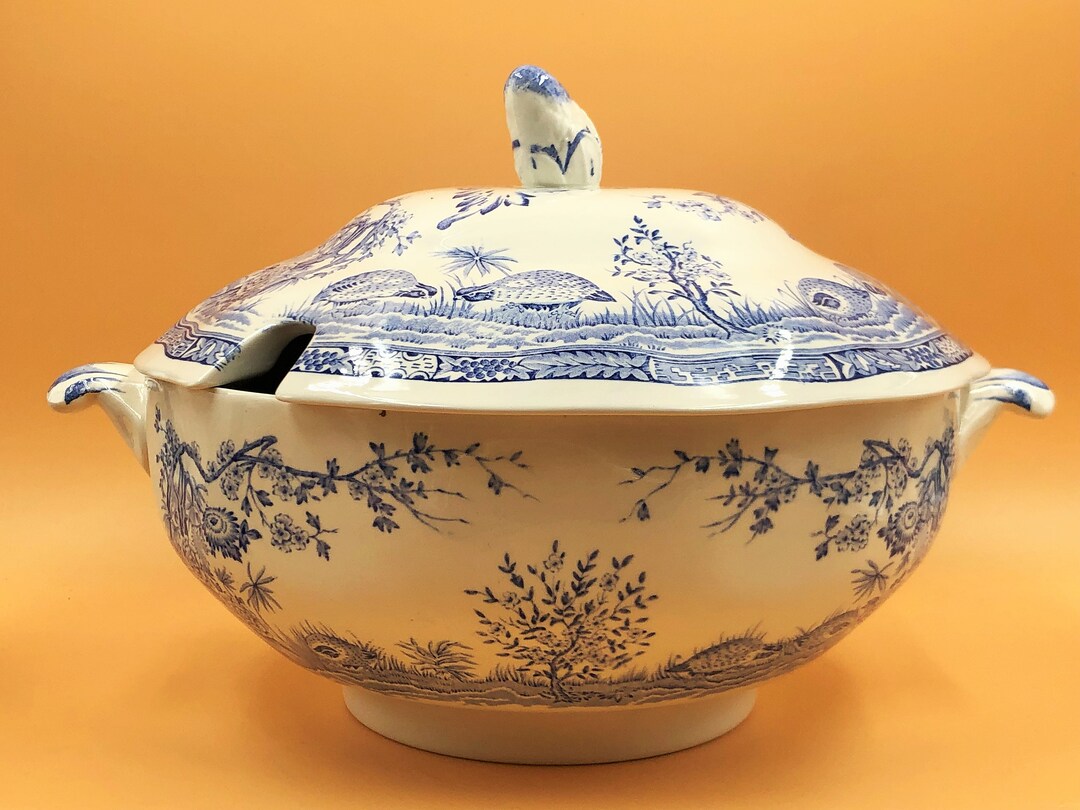 Stunning Antique Furnivals Blue & White Quail Design Serving Tureen ...