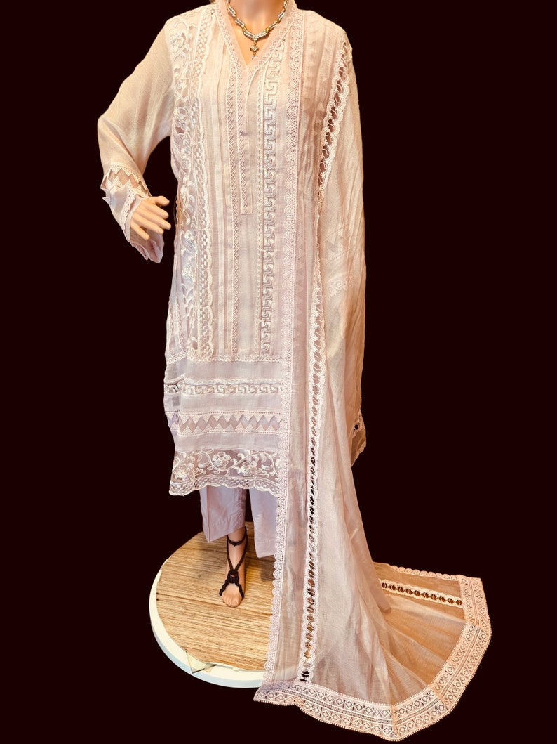Simples Cotton Net Dress, Suit Embellished With Lace, Semi-formal Wear ...