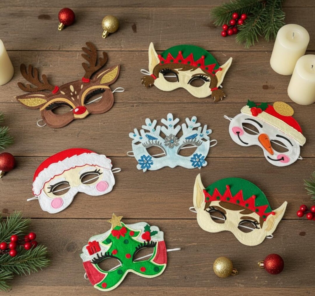 Kids Christmas Mask Set, Reindeer, Elf , Snowman , Santa & Tree ...