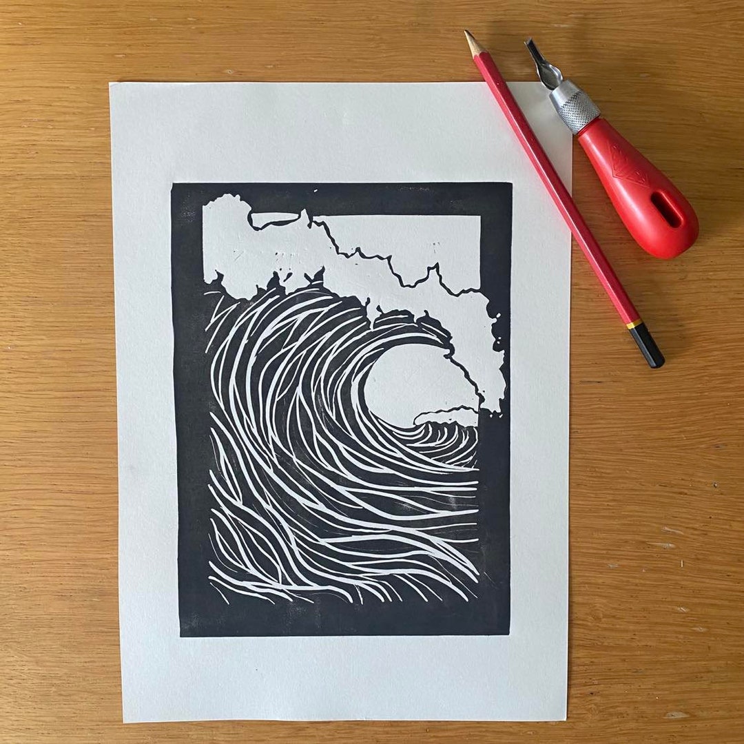Ocean Wave Lino Print Handmade Original Coastal Linocut Art Sea Themed ...
