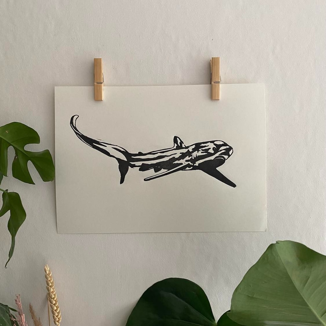 Thresher Shark Lino Print Handmade Original Ocean Linocut Art Marine ...