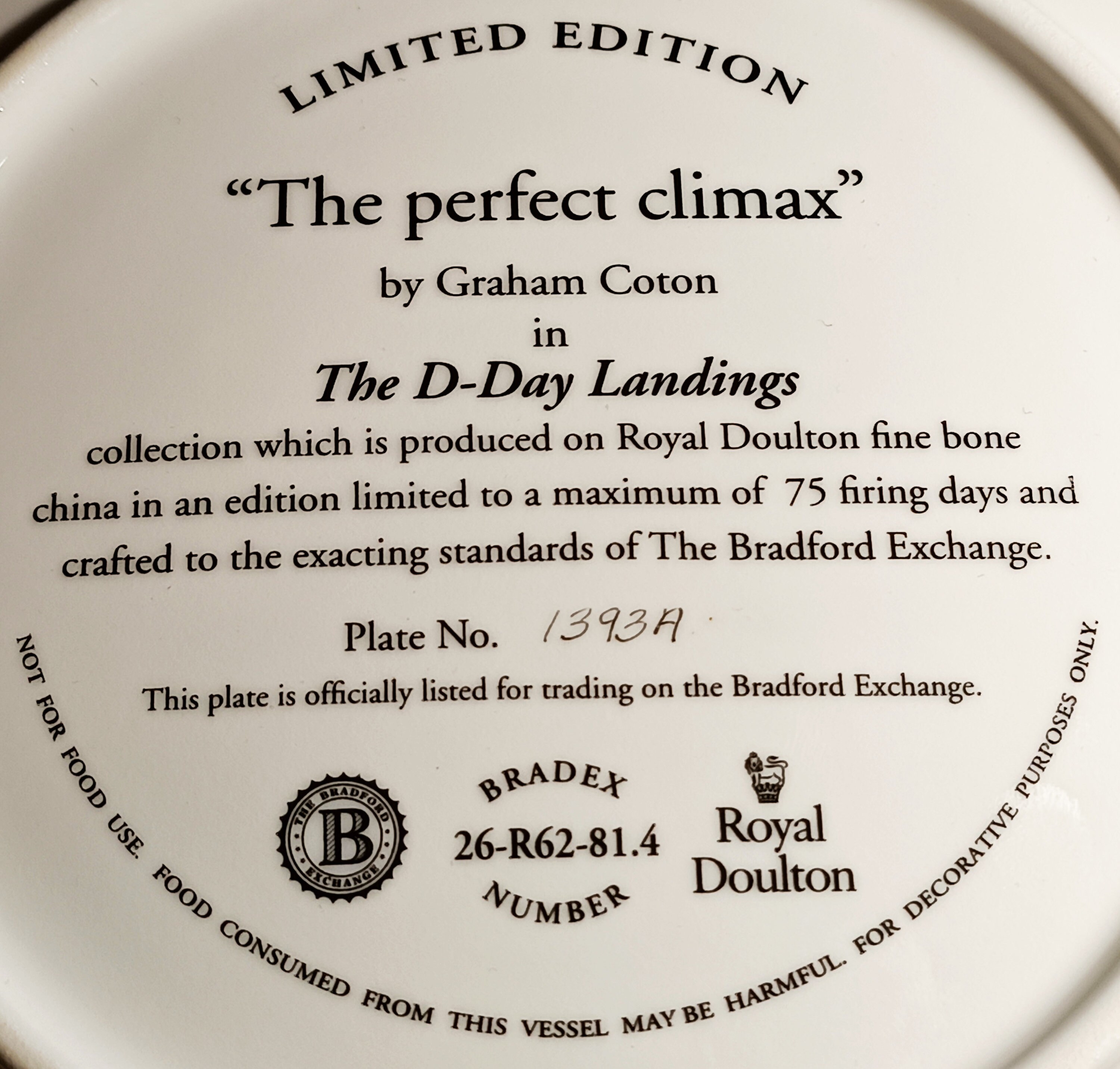 Bradex Royal Doulton Limited Edition Collectors Plate From the D-day Landings Collection ' the ...
