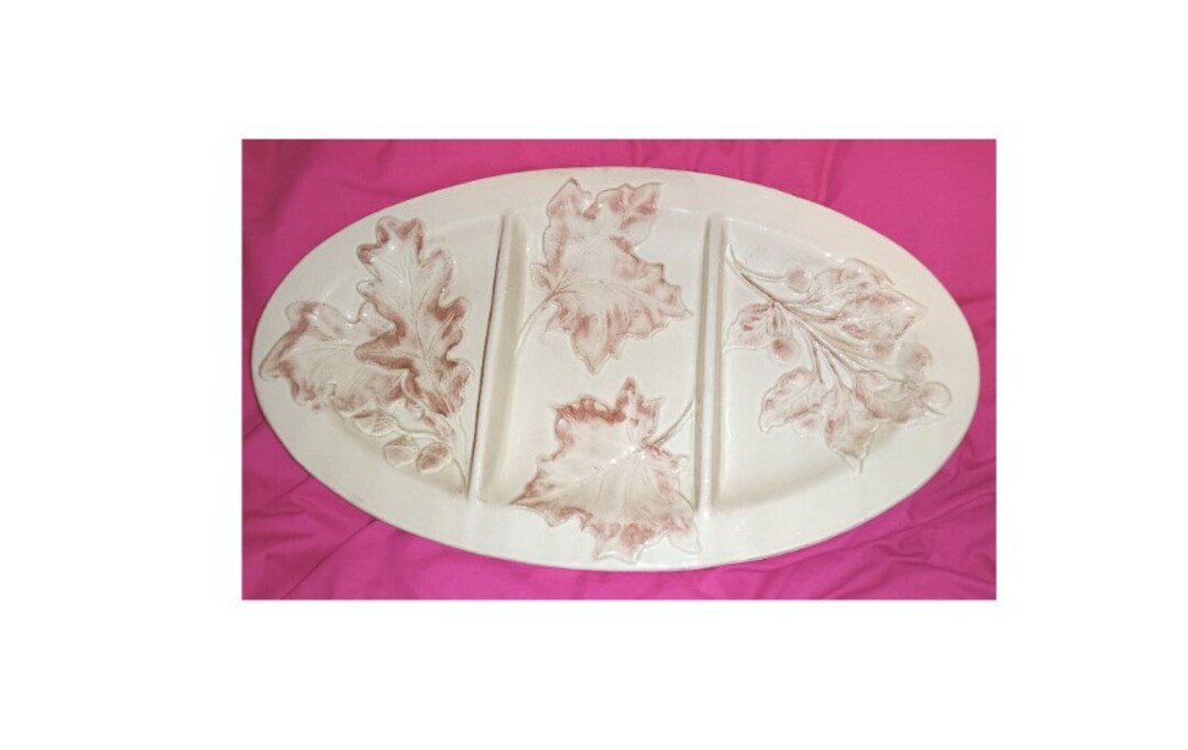 Vintage Large Heavy Pottery 3 Section Serving Platter 3D Relief Leaf ...