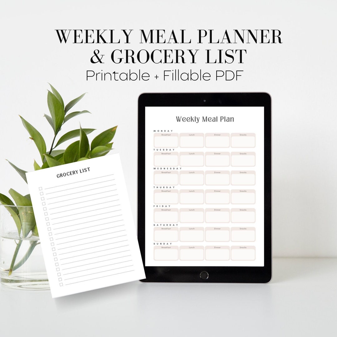 Weekly Meal Planner Printable With Grocery List, Food Diary, Meal ...
