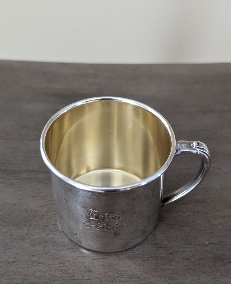 Vintage ONEIDA Silver Plate Baby Christening Cup 2 3/8" W/handle, Mono ...