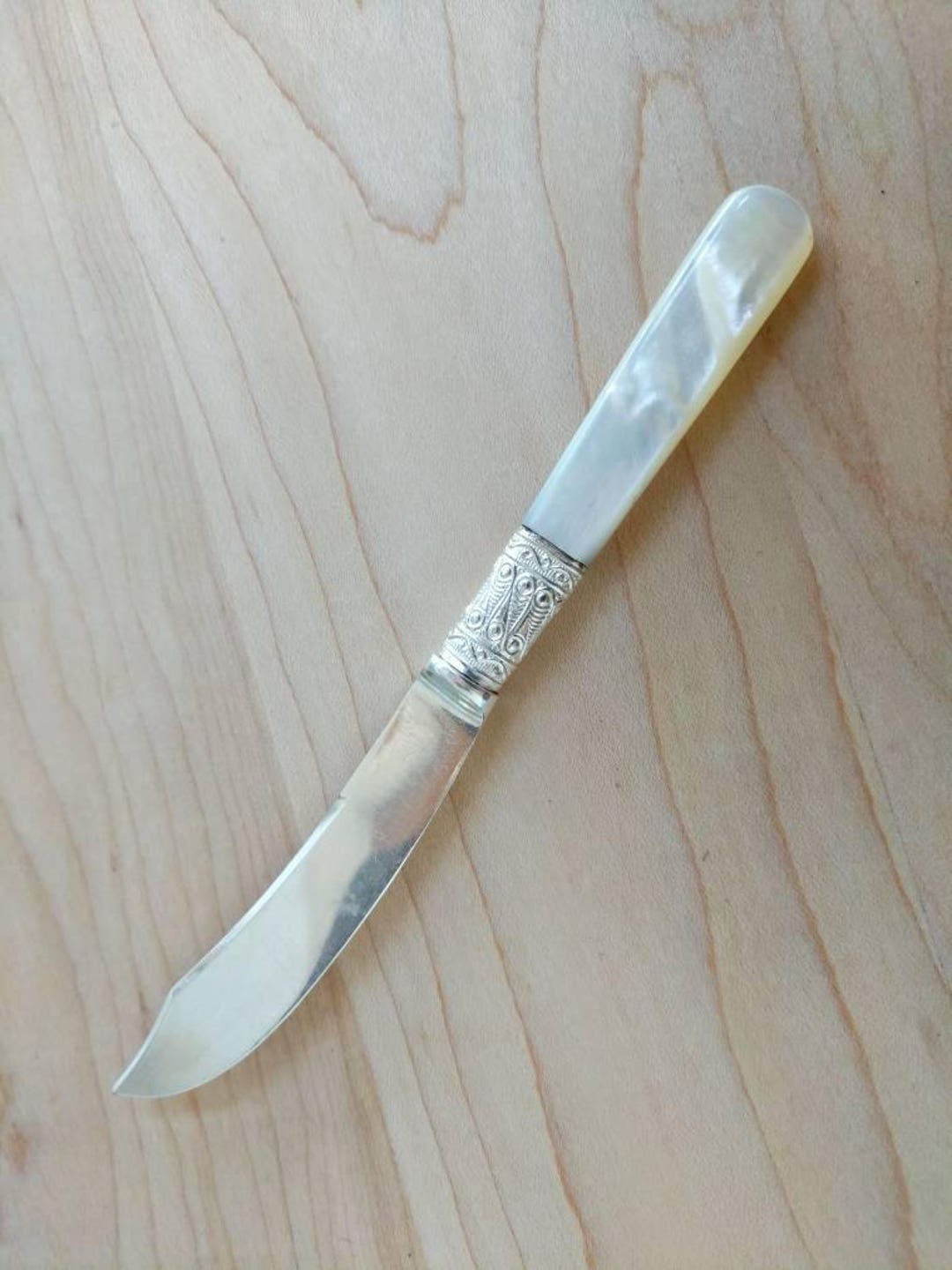 Antique Mother Of Pearl And Sterling Band Silver Plate Cheesefruit Knife 5 34 Set Of 6 Etsy