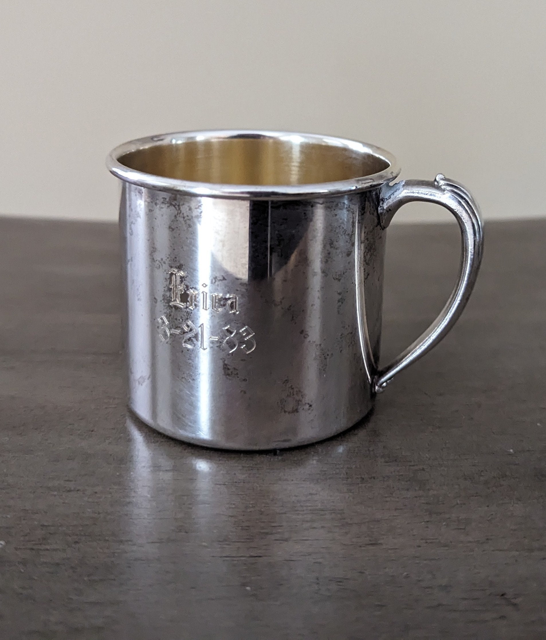 Vintage ONEIDA Silver Plate Baby Christening Cup 2 3/8" W/handle, Mono ...