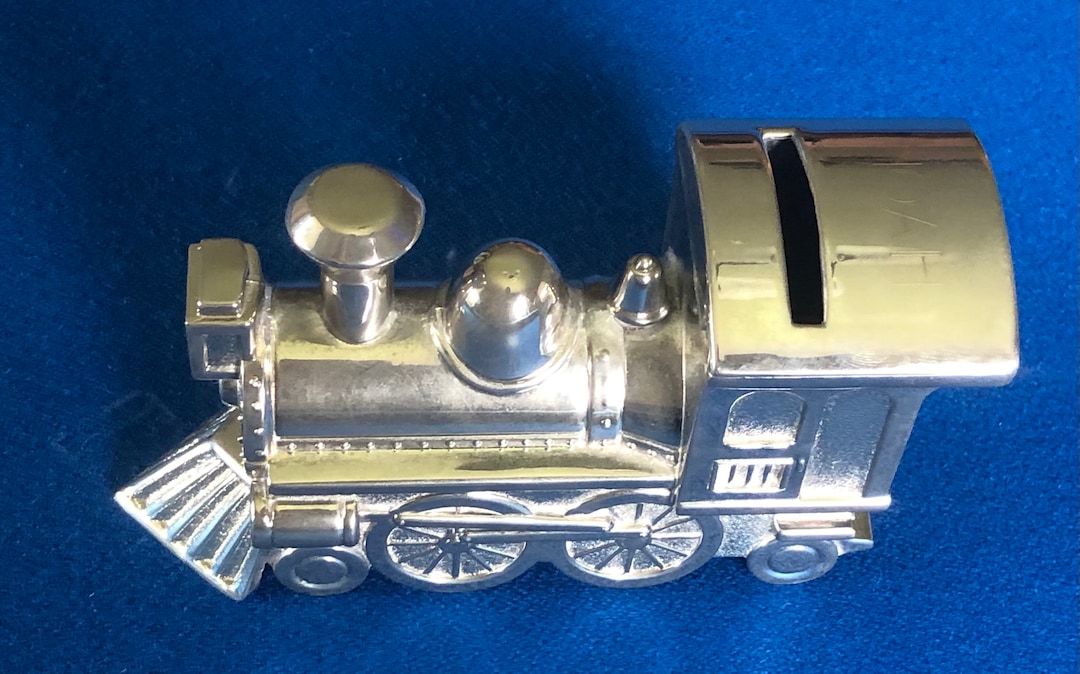 Vintage Collectible Silver Plate STEAM ENGINE TRAIN Souvenir Coin Bank ...