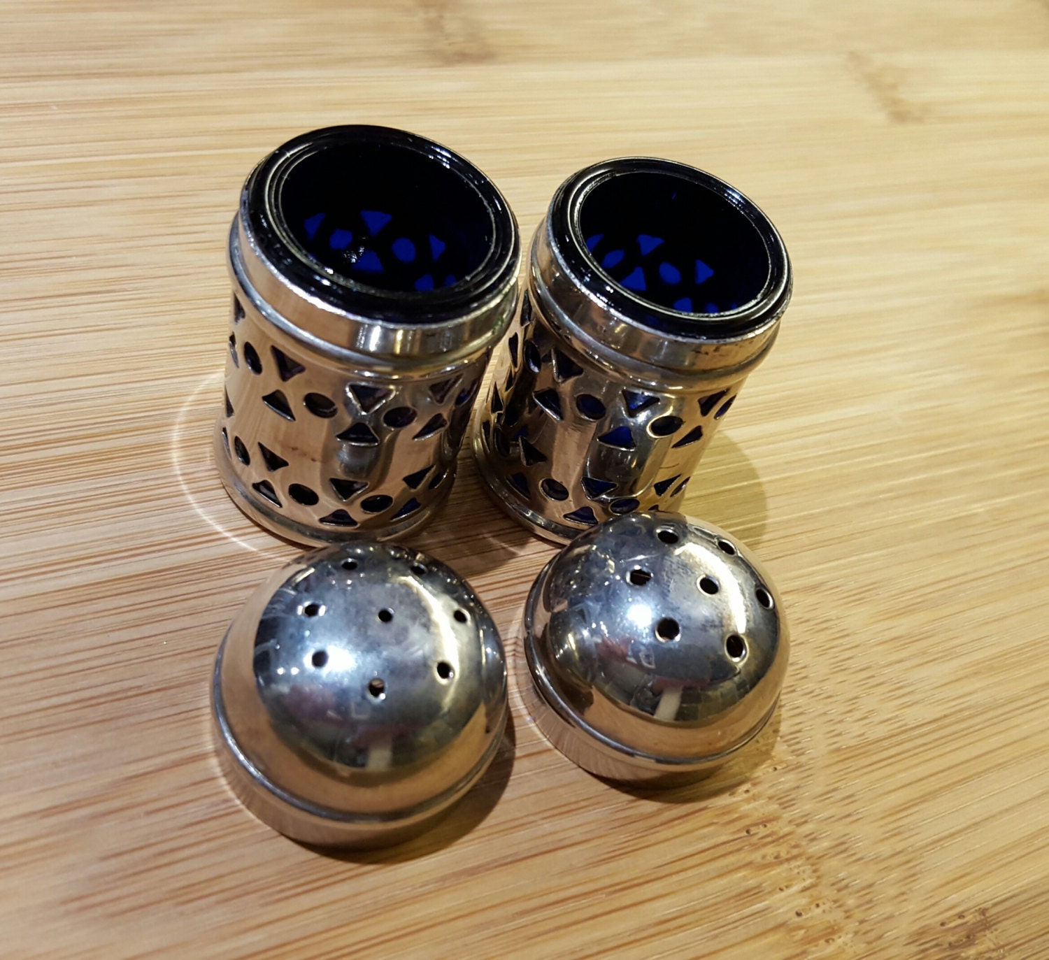 Vintage EL Silver Plate W Cobalt Blue Liners Individual Salt & Pepper ...