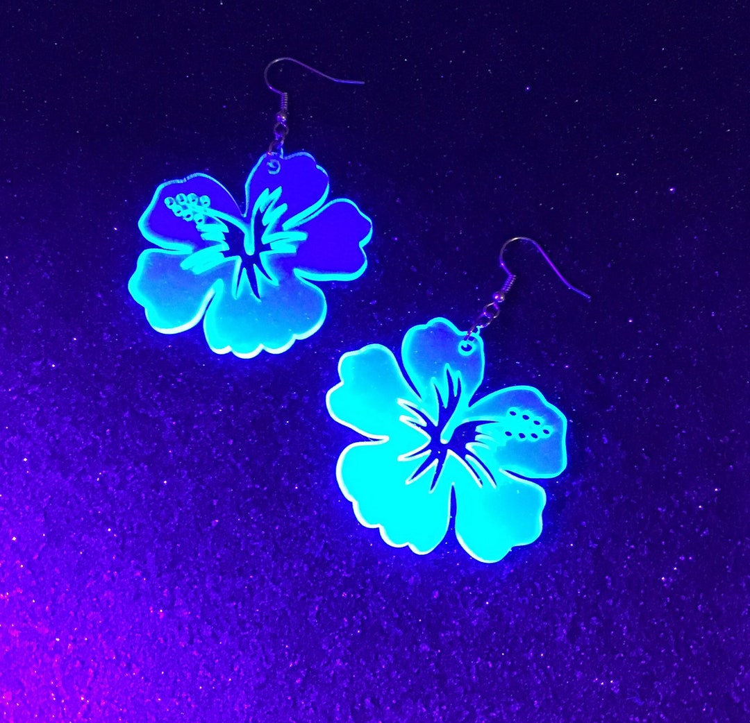 Fantastic Fluorescent Light Blue Plexiglass Hibiscus Earrings 2 Sizes ...