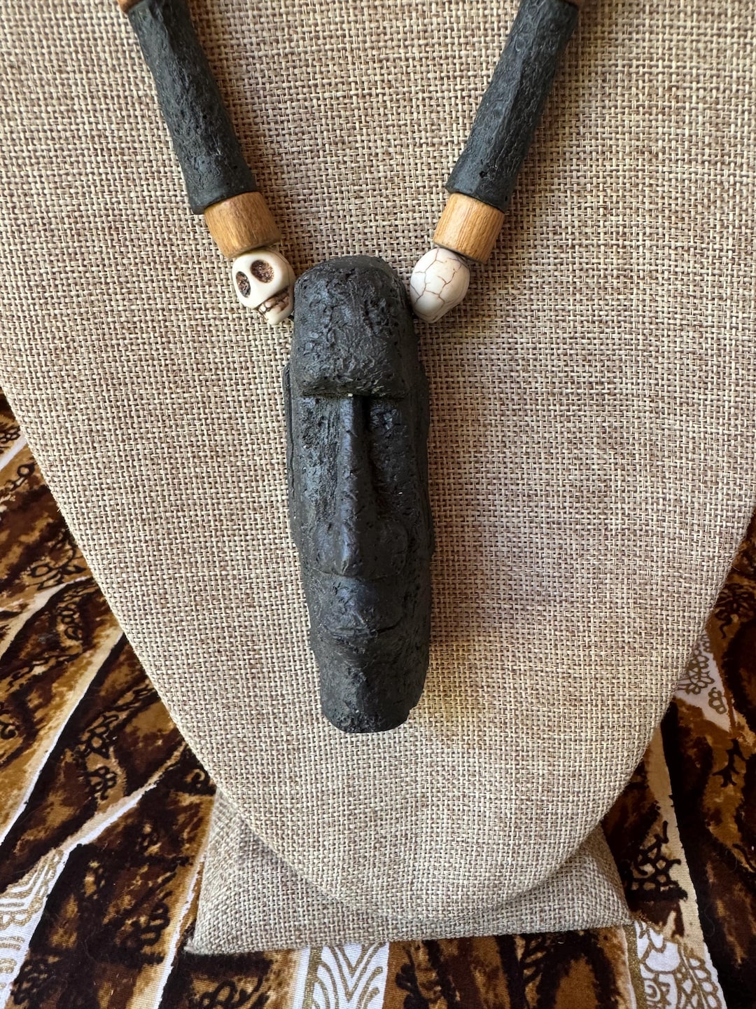 Black Moai With Black Round Wooden Beads Necklace! - Etsy