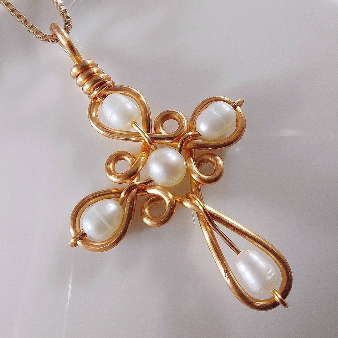 1 1/2 Solid Copper Cross With Freshwater Pearls, June Birthstone Cross ...