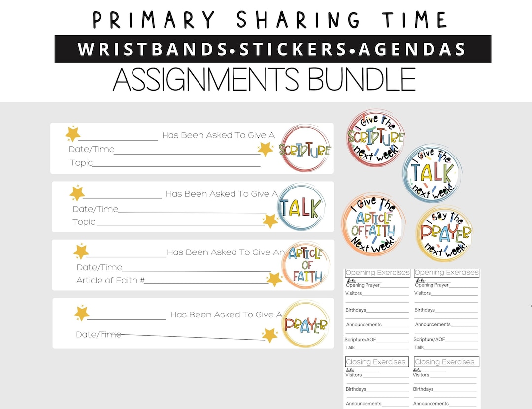 Primary Sharing Time Assignment Bracelets, Stickers, and Agendas BUNDLE ...