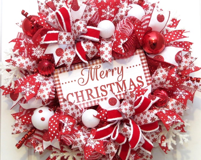 Merry Christmas Wreath, Snowflake Wreath, Red White Christmas Wreaths ...