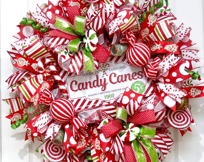 Christmas Wreath for Front Door, Christmas Candy Wreath, Candy Cane ...
