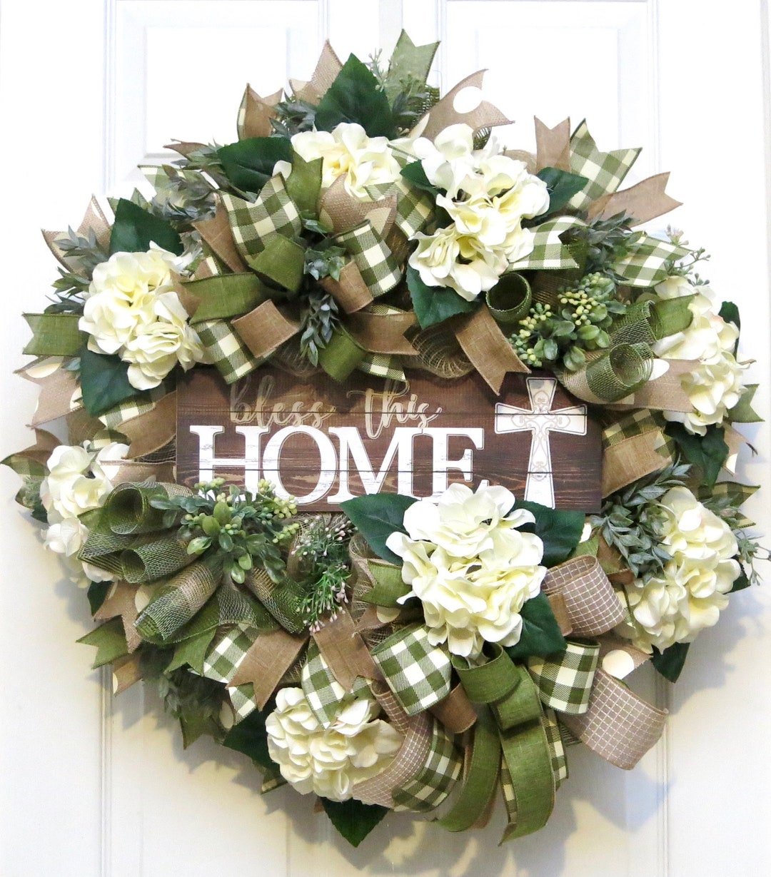 Everyday Wreaths for Front Door, Bless This Home Wreath, Cross Wreath ...